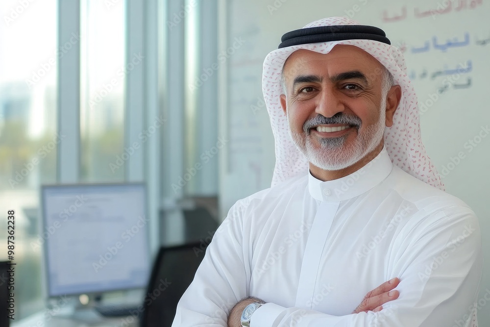 Happy confident Arabic company owner, executive man in white ...