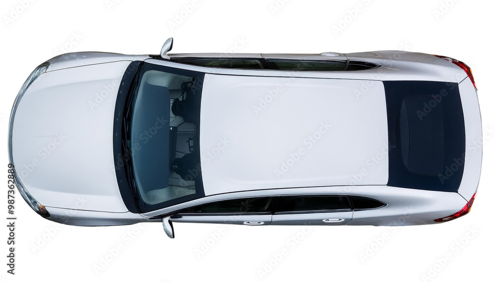 Top view of a sleek white sedan car on a plain background, showcasing ...