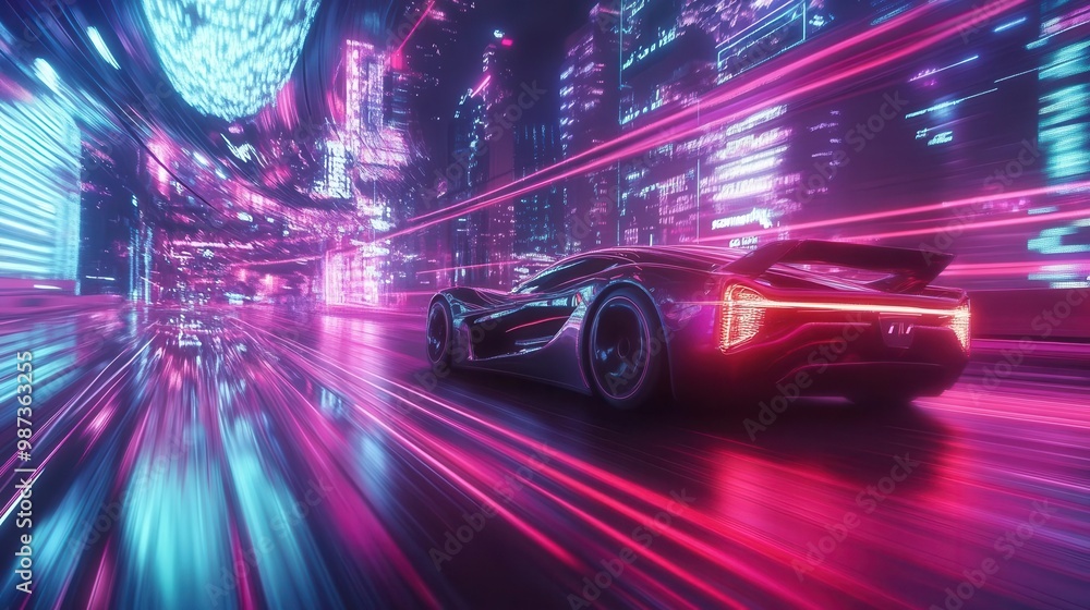 futuristic hypercar racing through a neonlit cyberpunk cityscape ...