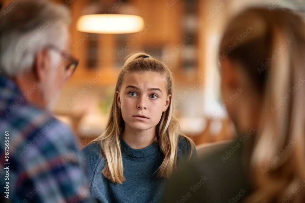 Teenager arguing heatedly with parents in tense living room scene ...
