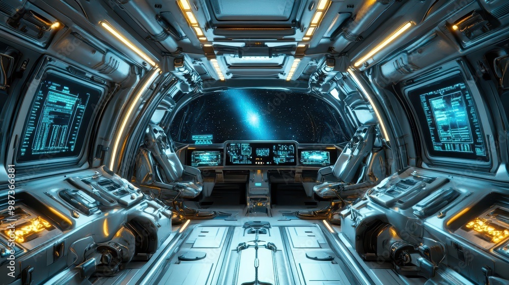 futuristic spaceship interior with sleek metallic surfaces holographic ...