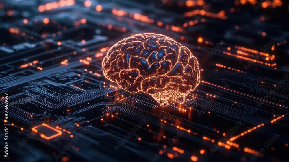 futuristic visualization of artificial intelligence with a glowing digital brain connected to ...