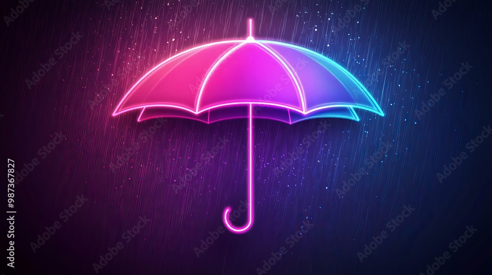 An outline neon umbrella icon, designed as a glowing neon sign. This ...