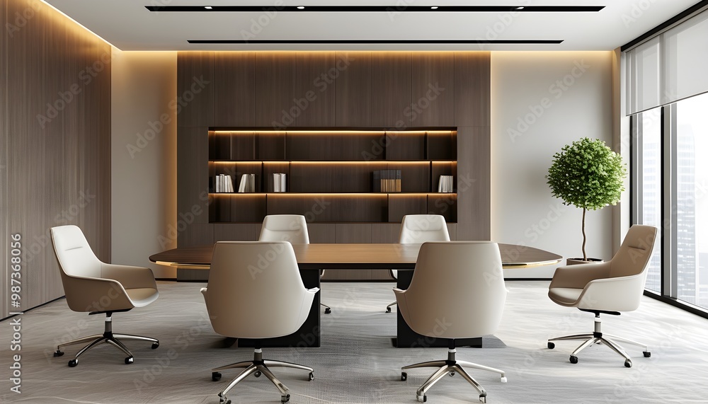 Minimalist conference room with empty chairs and table, luxurious ...