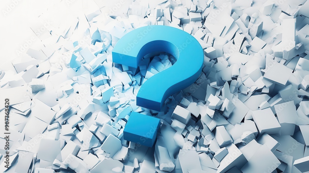 giant blue question mark floating in a white void surrounding 3d elements represent fragments of ...