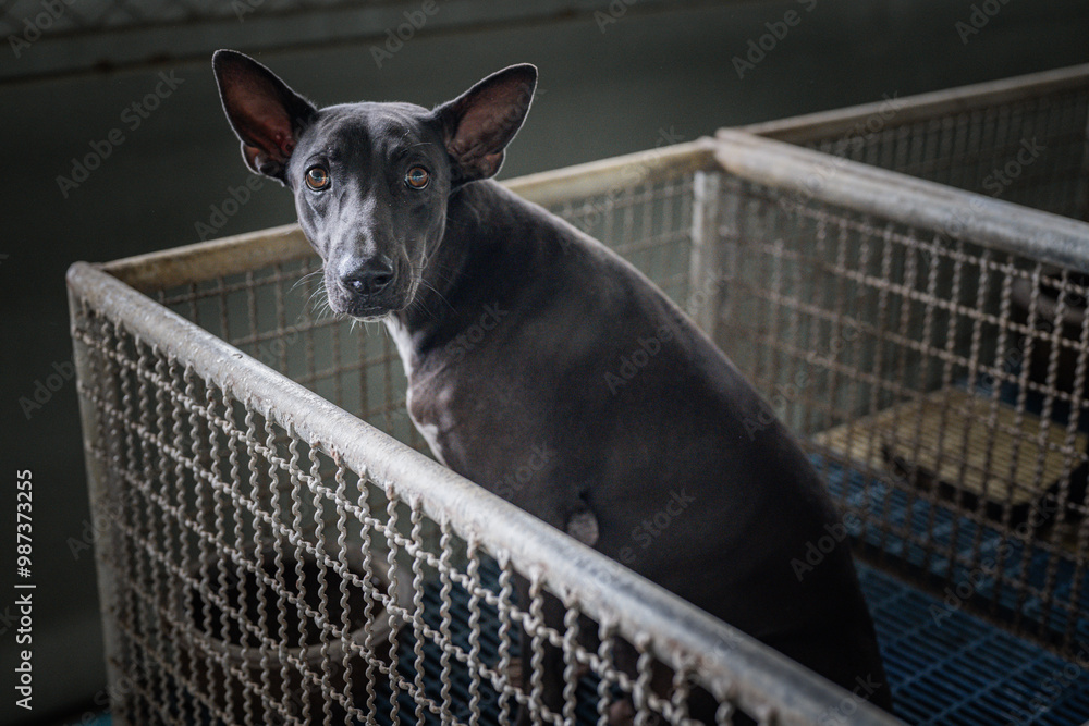 A black dog sitting calmly in a metal kennel at an animal shelter ...