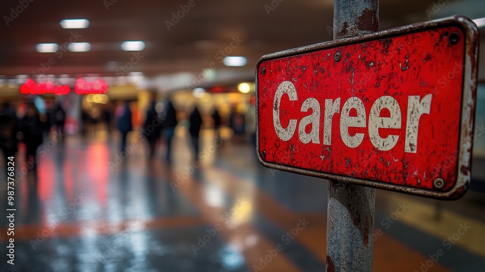 Bright red Career sign in focus with blurred background of people in a ...