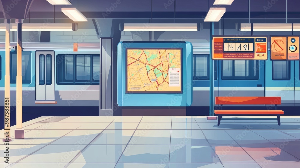 Empty subway station platform with a map and a bench. Stock ...