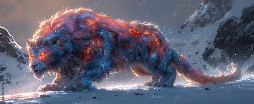 In a mystical twilight setting, a giant spirit made of twisted trees ...