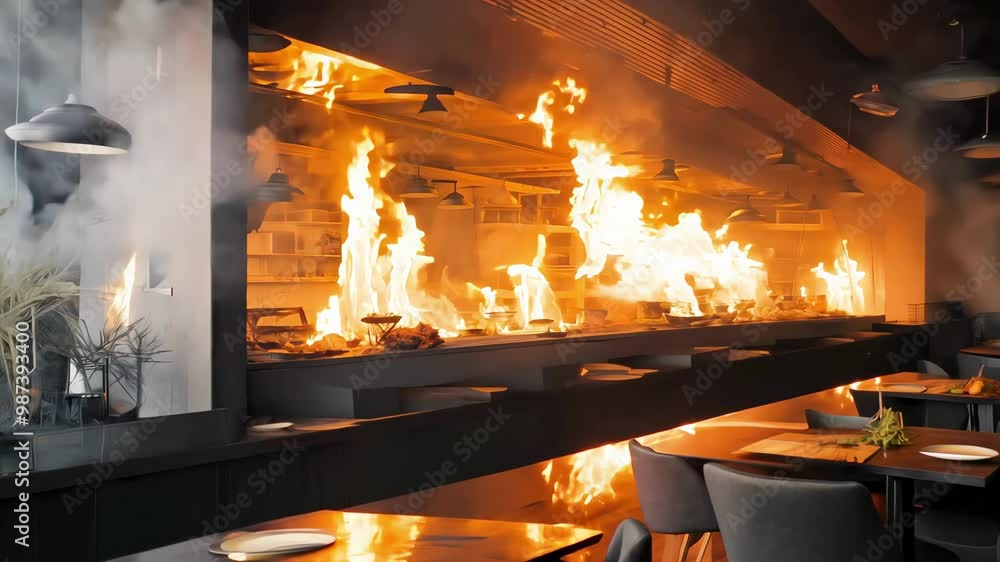 Modern restaurant kitchen engulfed in flames, highlighting fire hazards ...