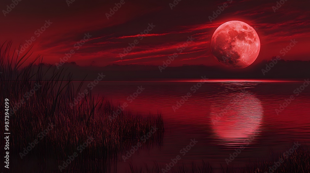 A dark red moonlight over the water, a crimson sky with black clouds ...