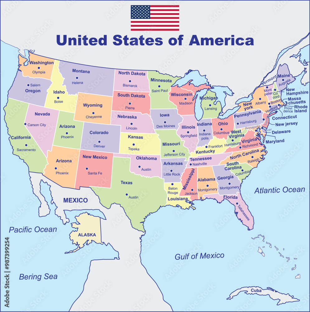 United States of America map (USA) map with borders of the states and ...