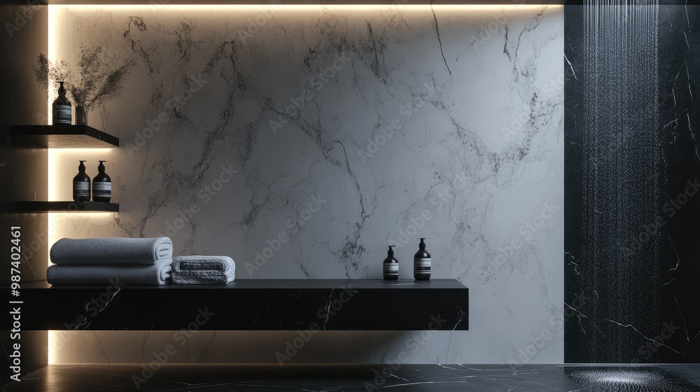 Flat lay of a luxury shower room with marble walls, a black rain shower ...