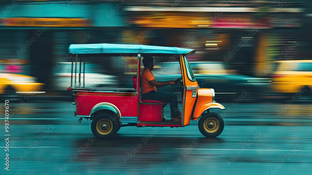 Side view of a colorful tuk tuk on a busy street, with a large blank ...