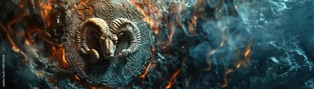 Aries ram symbol carved from ancient stone, surrounded by glowing runes ...