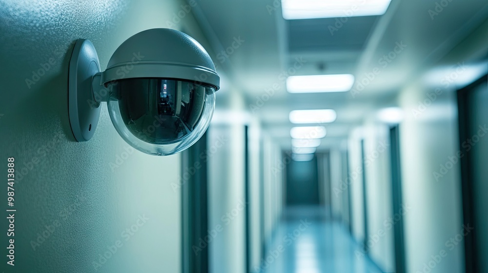 Top view of a CCTV camera in an empty corridor, with the background ...
