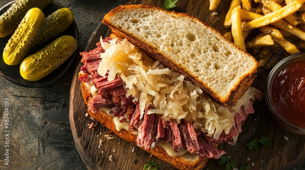 Poster Top view of a classic Reuben sandwich with corned beef ...