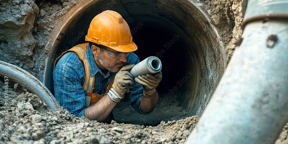 Engineer examining excavation concrete Drainage Pipe and manhole water ...