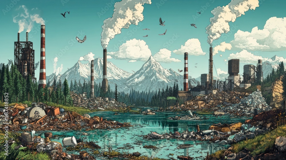 A scene depicting human impact on the environment, with industrial ...