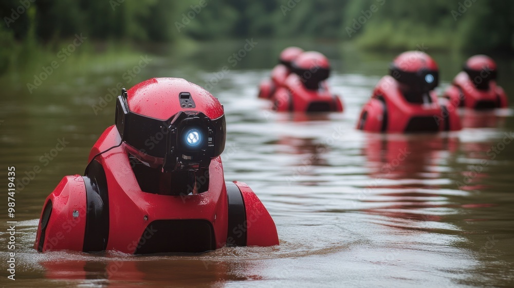 AI robot flood rescue teams wading through waterlogged areas, helping ...