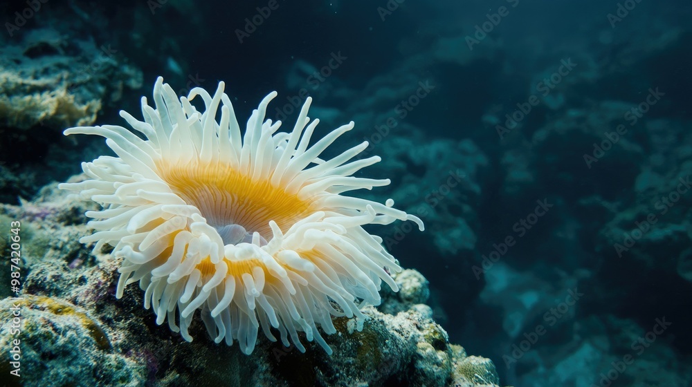 Top view of a sea anemone on the ocean floor, with a wide-open space to ...