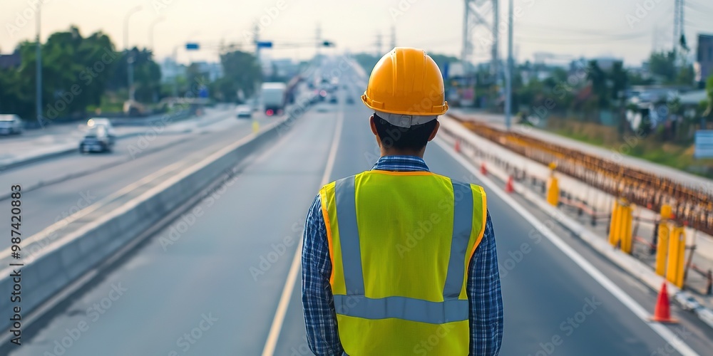 Civil engineer overseeing road construction for safety and quality on ...