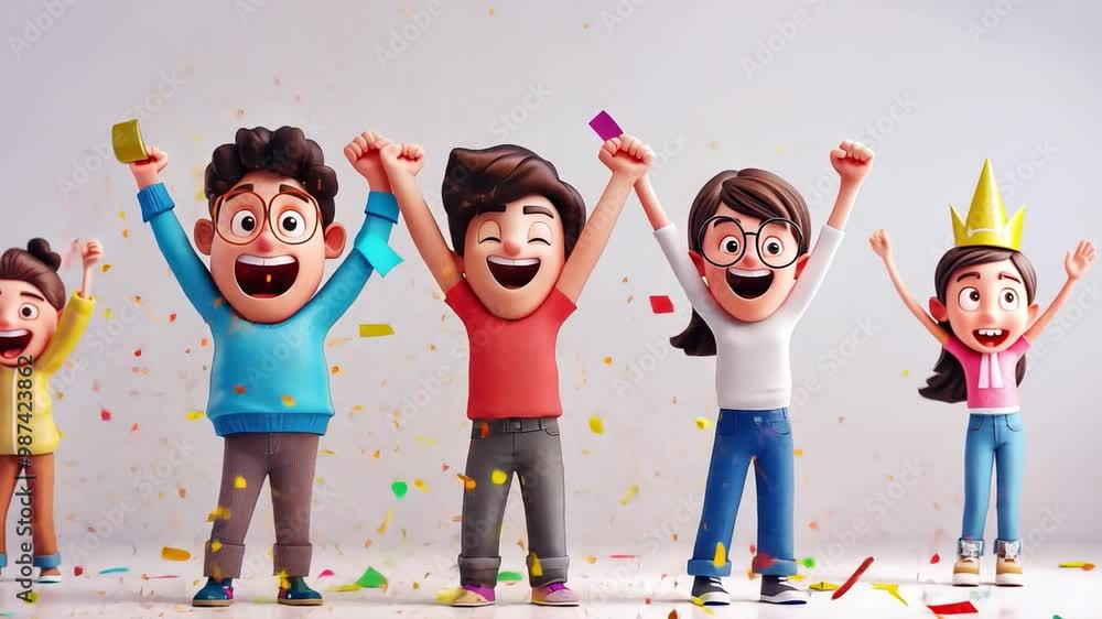 A 3D animated character people group is shown celebrating on a white ...
