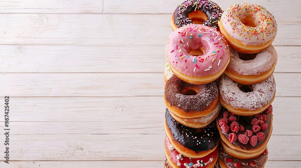 Top-down view of a donut tower with stacked donuts in assorted flavors ...