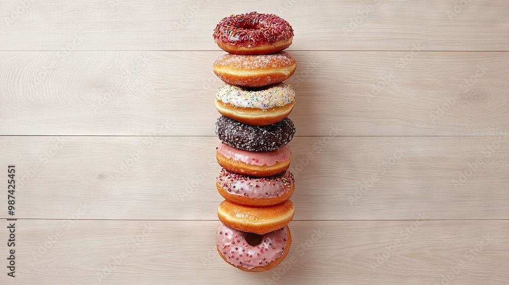 Top-down view of a donut tower with stacked donuts in assorted flavors ...