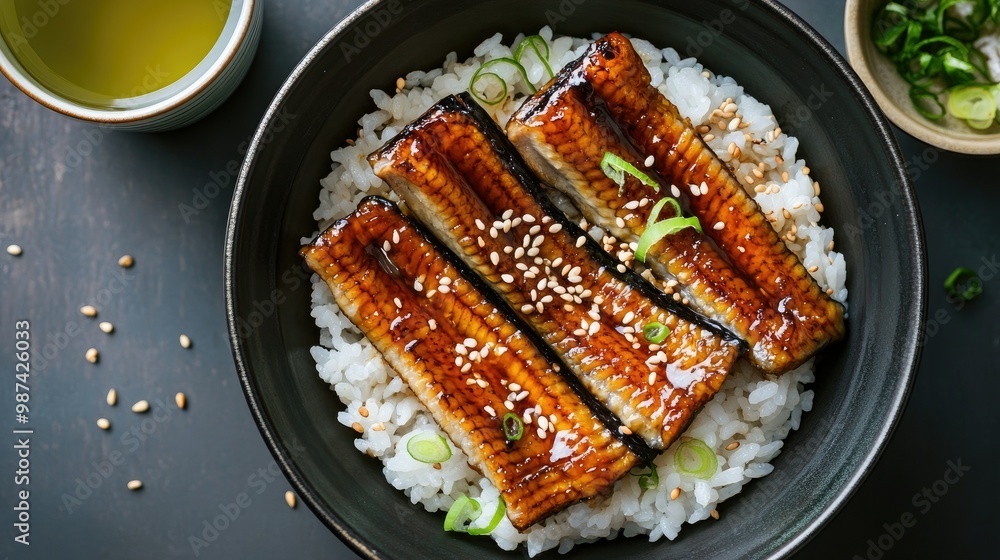 Top-down view of unagi donburi (grilled eel rice bowl) with soy-glazed ...