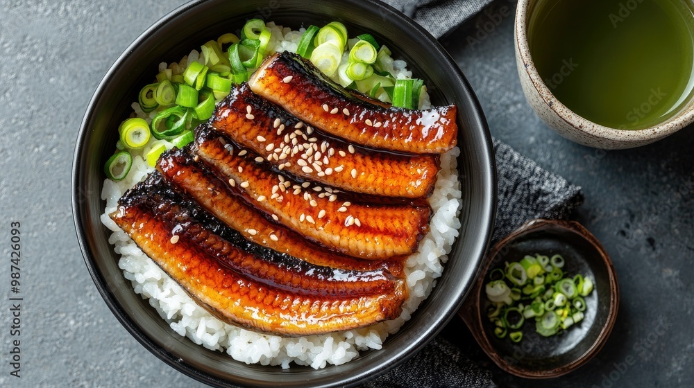 Top-down view of unagi donburi (grilled eel rice bowl) with soy-glazed ...
