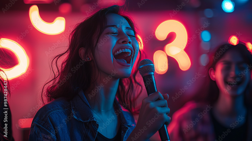 Indonesian Gen Z friends having fun, holding microphone singing and ...
