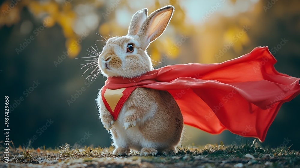 of a rabbit dressed as a heroic superhero character with a flowing red ...