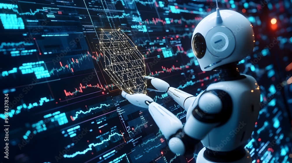 Robots analyzing complex blockchain structures and market data to ... Robots analyzing complex blockchain structures and market data to ...