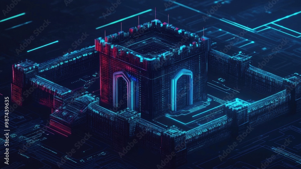Illustration of a cyber fortress with fortified walls and firewalls, protecting sensitive ...