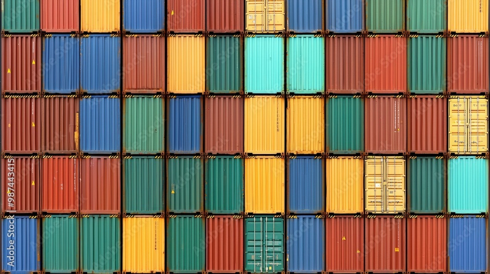 Colorful shipping containers stacked tightly, creating a vibrant and ...