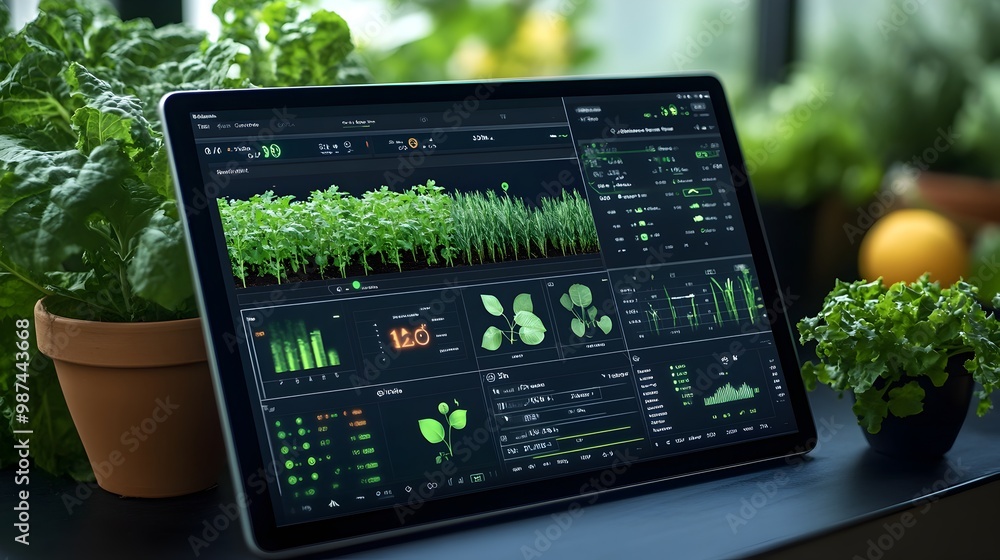 Smart farm dashboard on tablet displaying real time data for crop ...