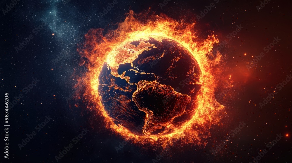 Planet Earth heating up with rising flames, representing the urgent ...