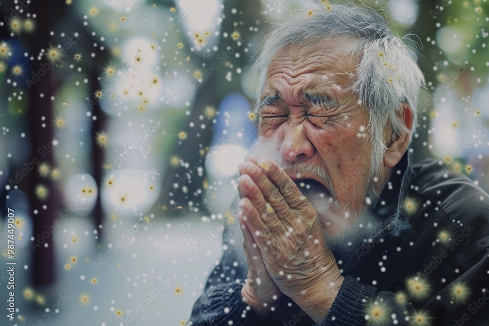 Elderly man mid-sneeze droplets and viruses seen. Close-up of senior ...