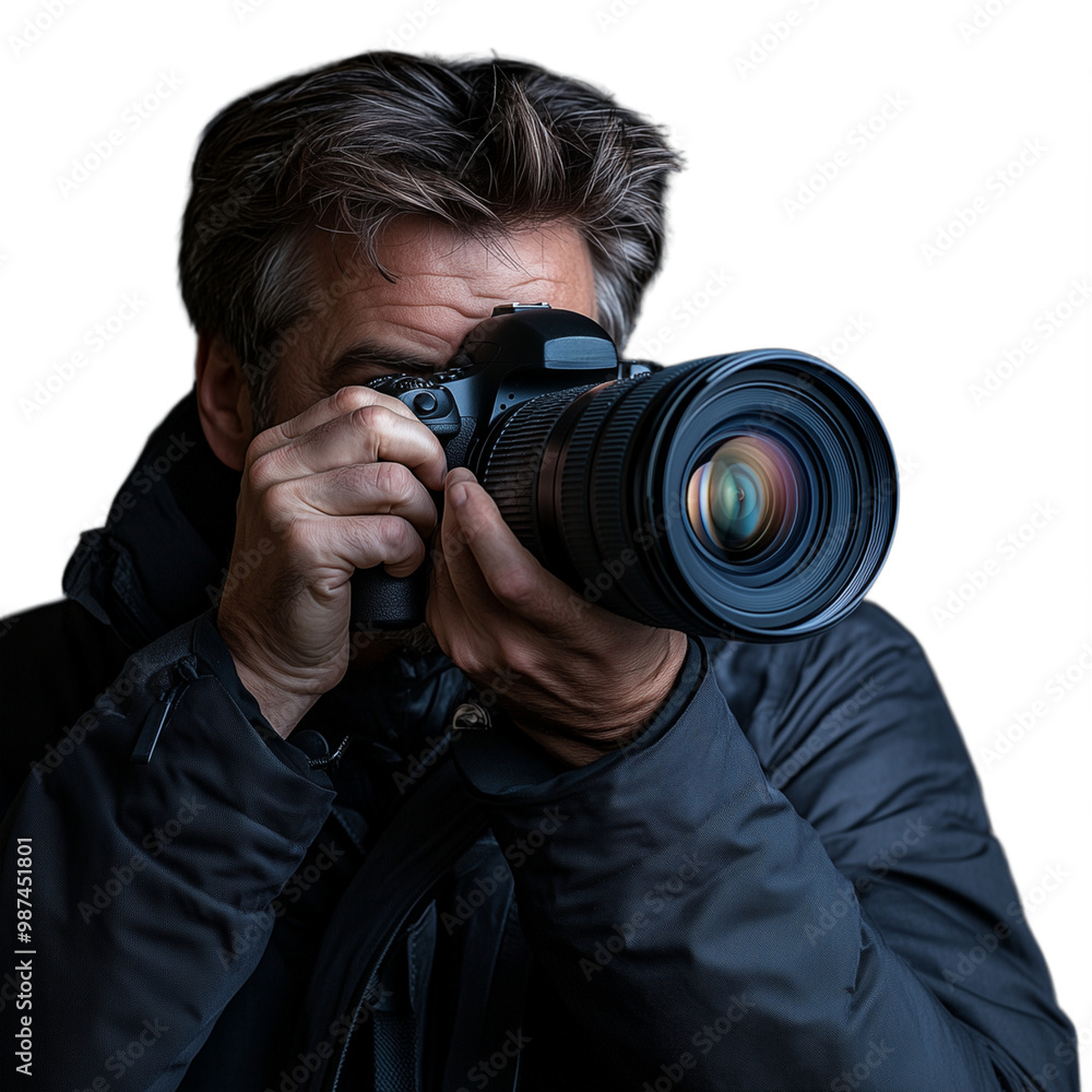 Professional photographer capturing an image with a DSLR camera on a ...