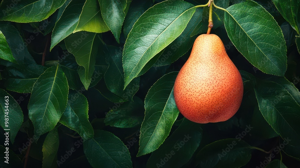 Render a close-up view of a mature, ripe fruit hanging from a tree ...