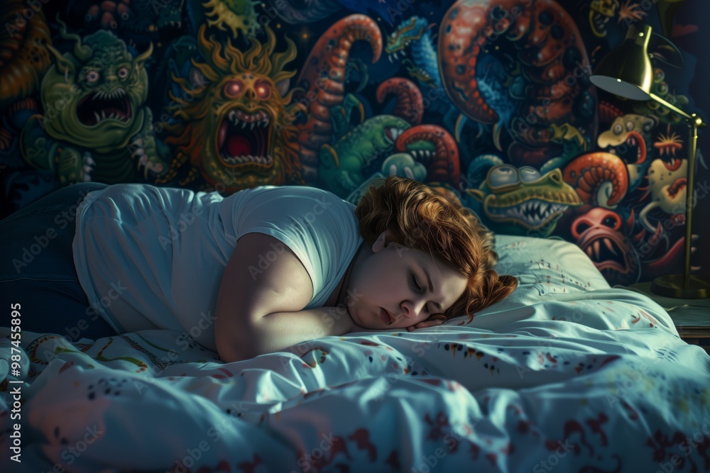 Dark shadows of fear loom large sleeping child's bed. Surreal monsters ...