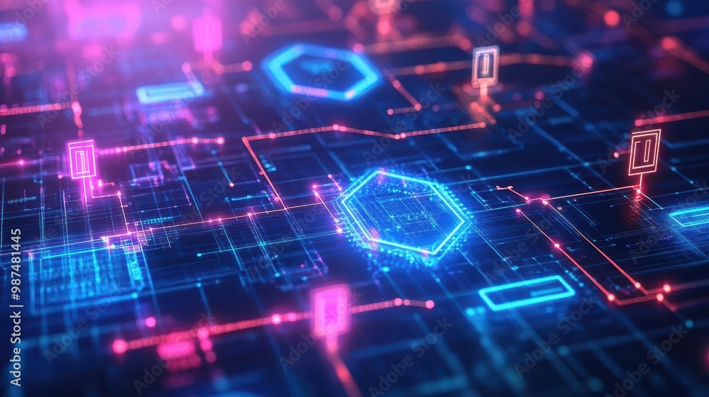 Cyber attack prevention system, neon data shields, dark abstract tech ...