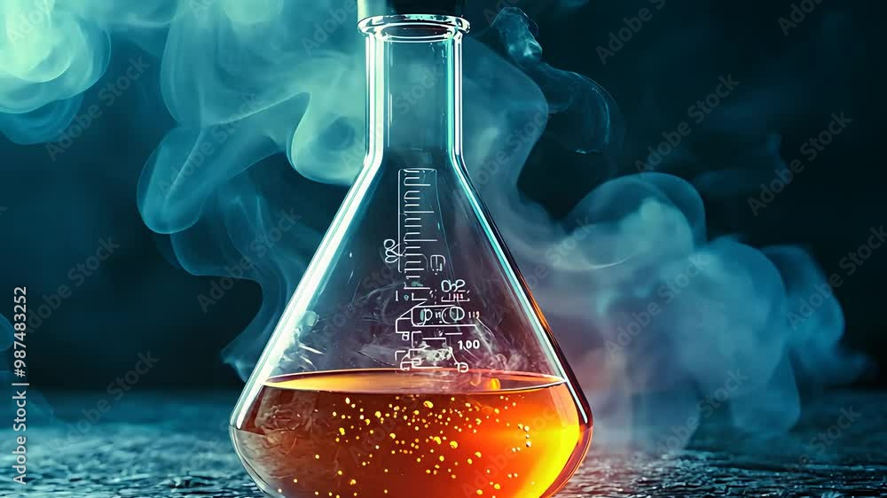 Erlenmeyer flask with orange chemical solution and steam, illustrating ...