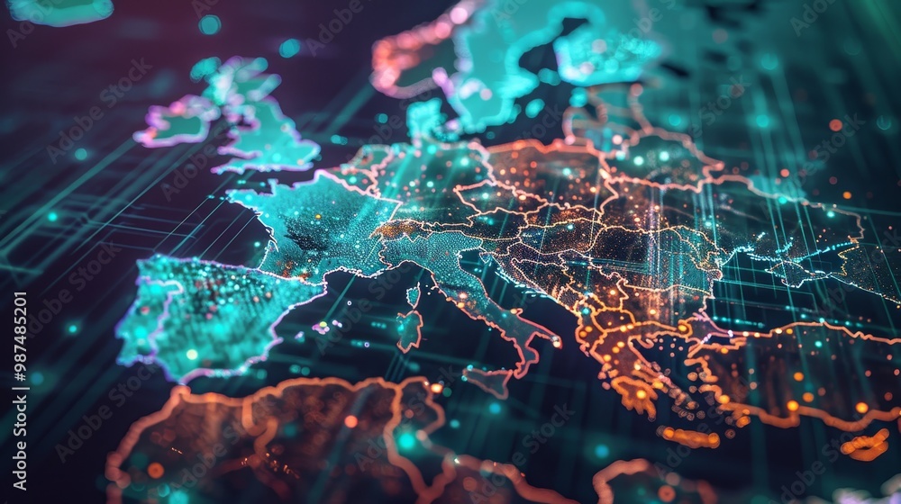 Innovative digital map of europe showcasing major cities and cyber ...
