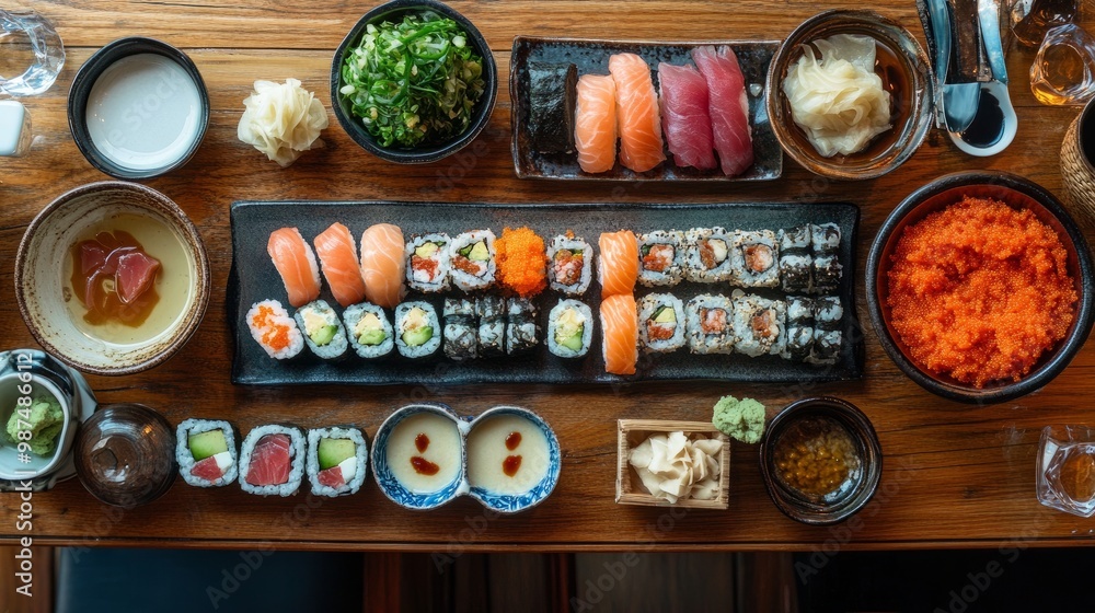 An overhead view of a sushi bar table with colorful rolls, nigiri, miso ...