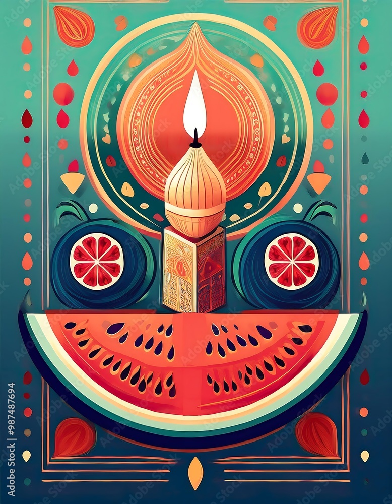 Celebrate Yalda Flat Art Poster Displaying Symbolic Elements of Persian ...
