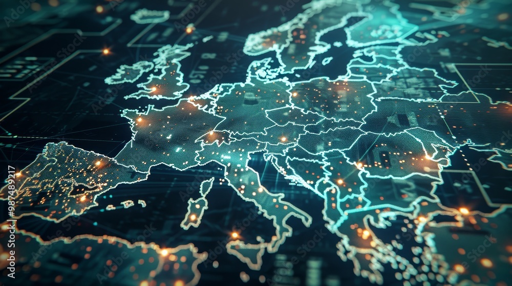 A digital map of europe showcasing major cities and connectivity lines ...