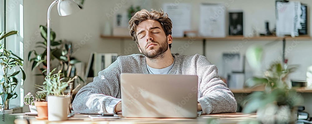 Man slumped over his desk with his eyes closed laptop open in front of ...