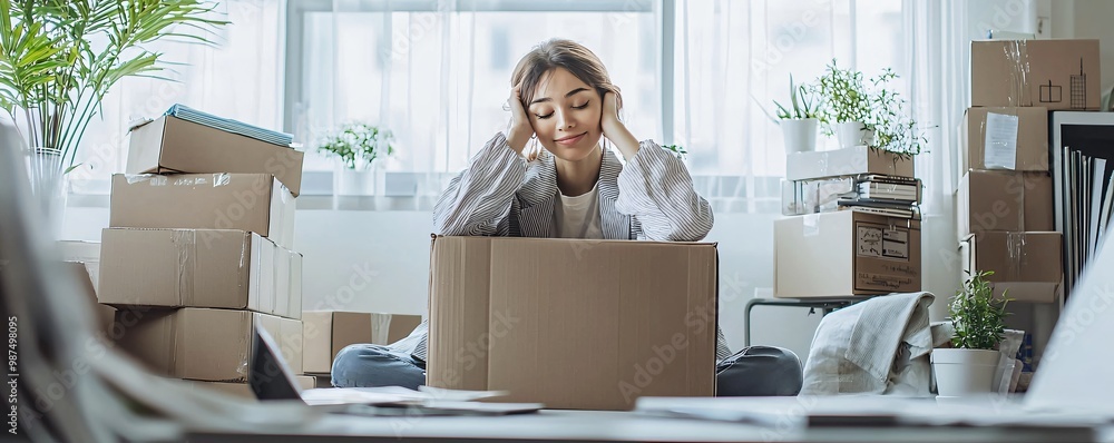Person balancing a large moving box surrounded by stacked boxes and ...